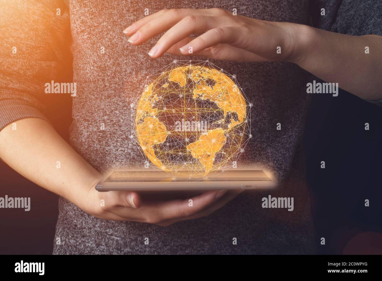 Save the world energy campaign. Planet earth on human hands show energy ...