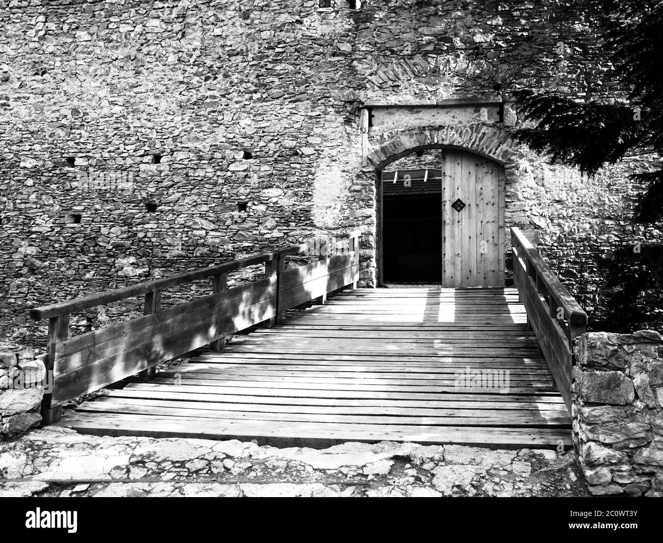 Wooden bridge entrance gate Black and White Stock Photos & Images - Alamy