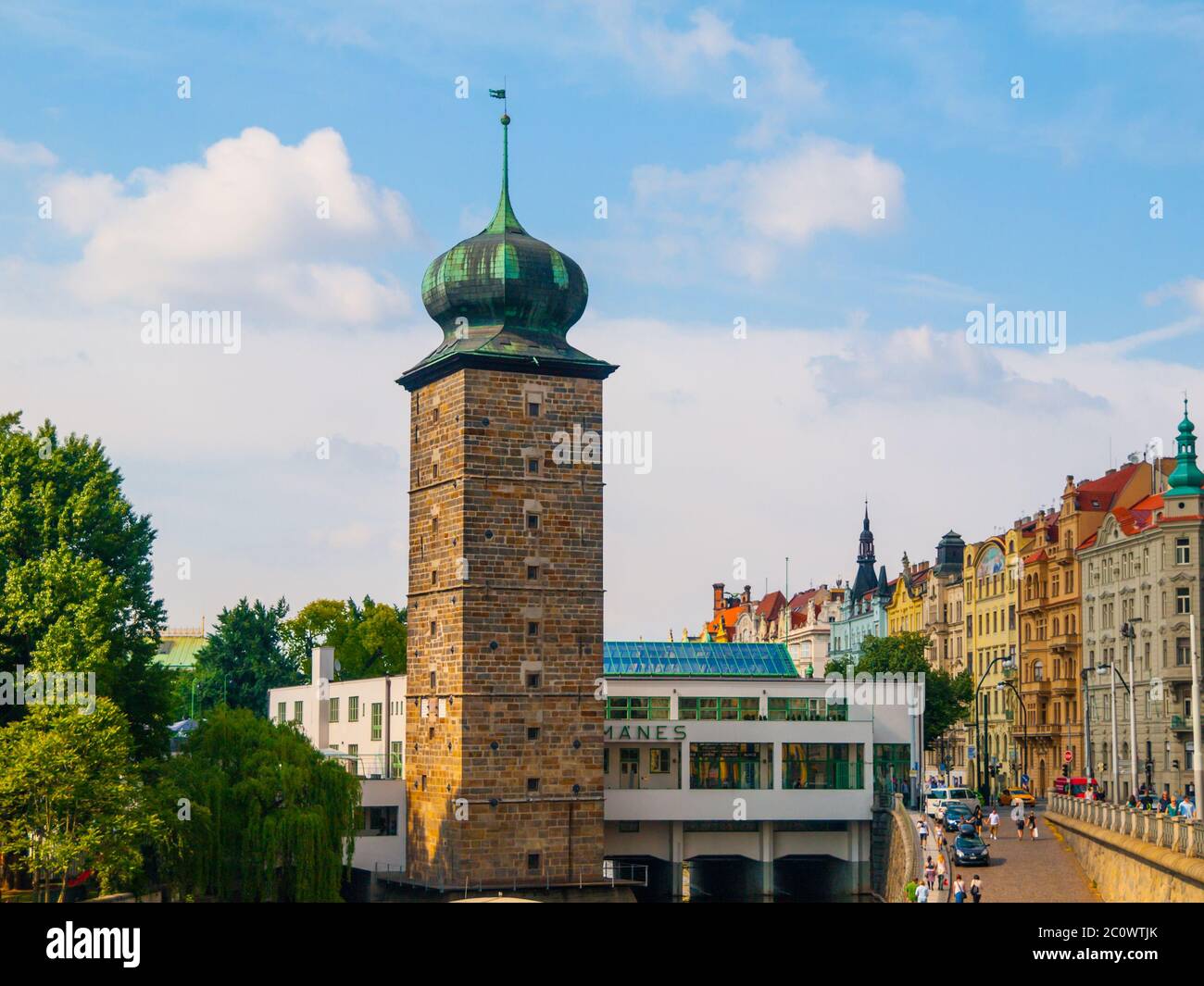 Sitkovska water tower and Masaryk Embankment at Vltava River in Prague ...