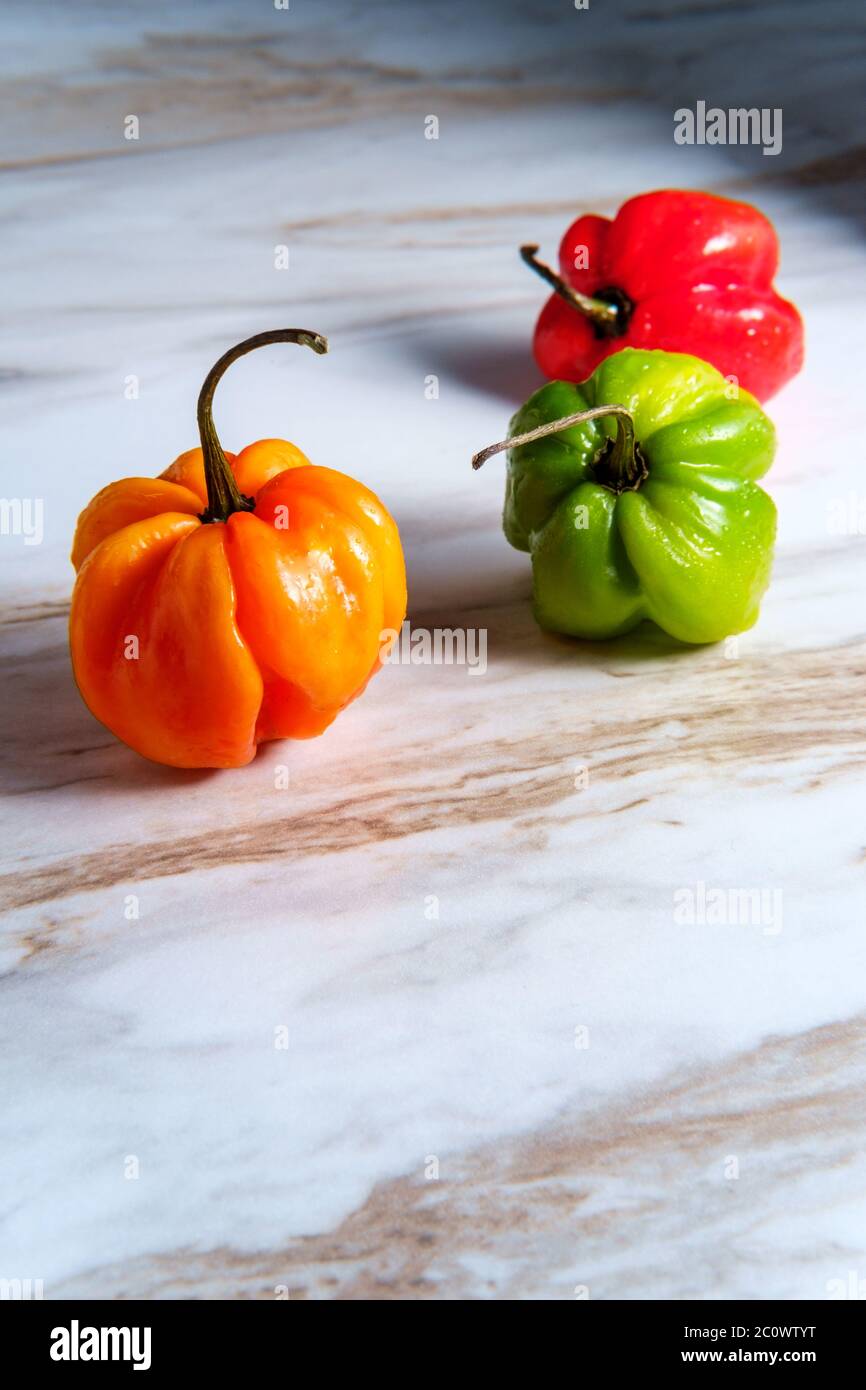 Spicy jamaican scotch bonnet pepper on marble kitchen table Stock Photo ...