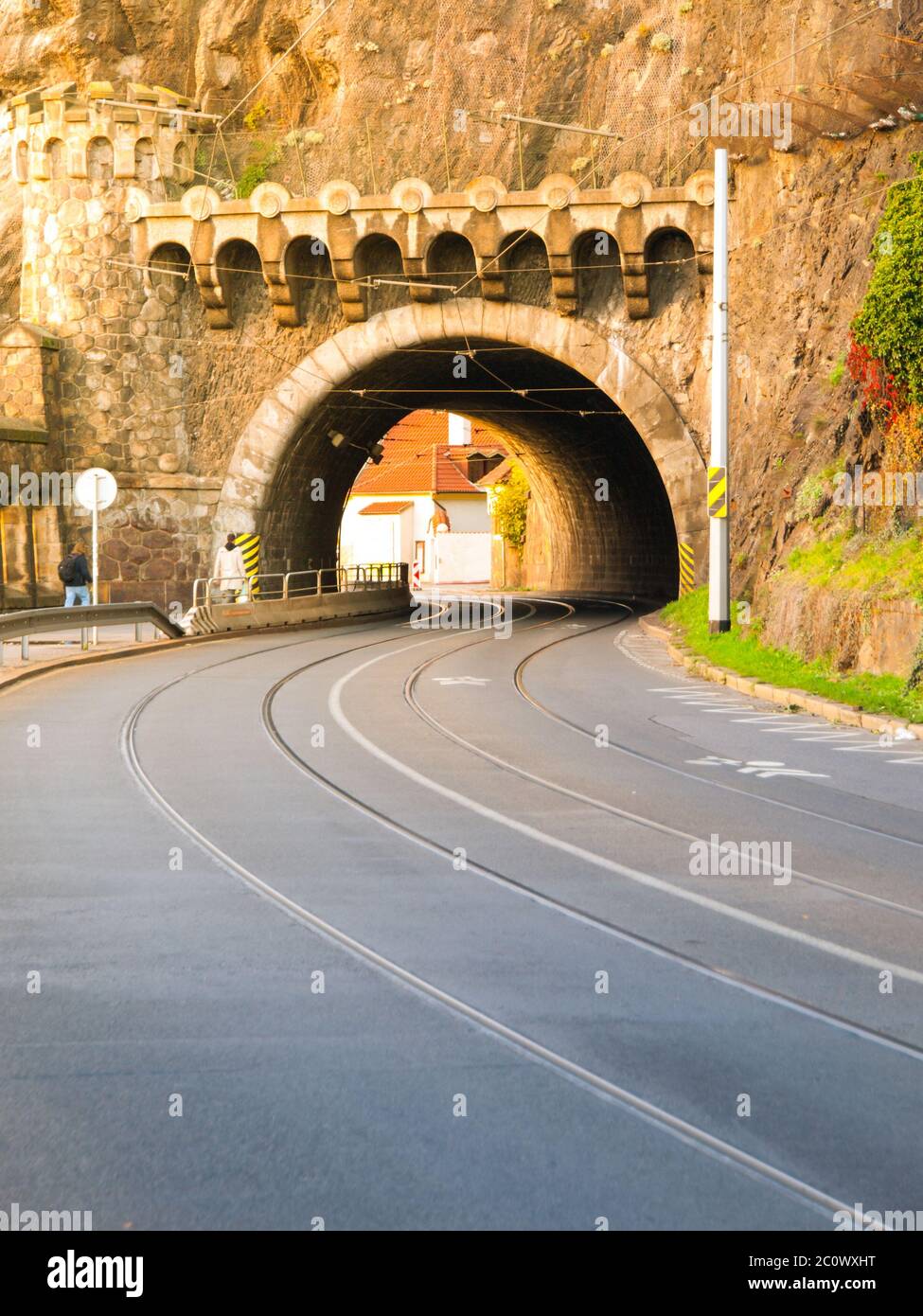 Road tunnel with tram tracks under Vysehrad Hill in Podoli, Czech ...