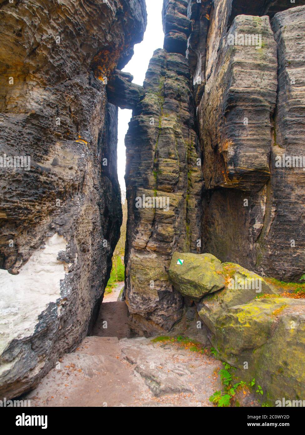 Narrow passage through sandstone rock formation. Tisa Rocks, aka Tiske ...