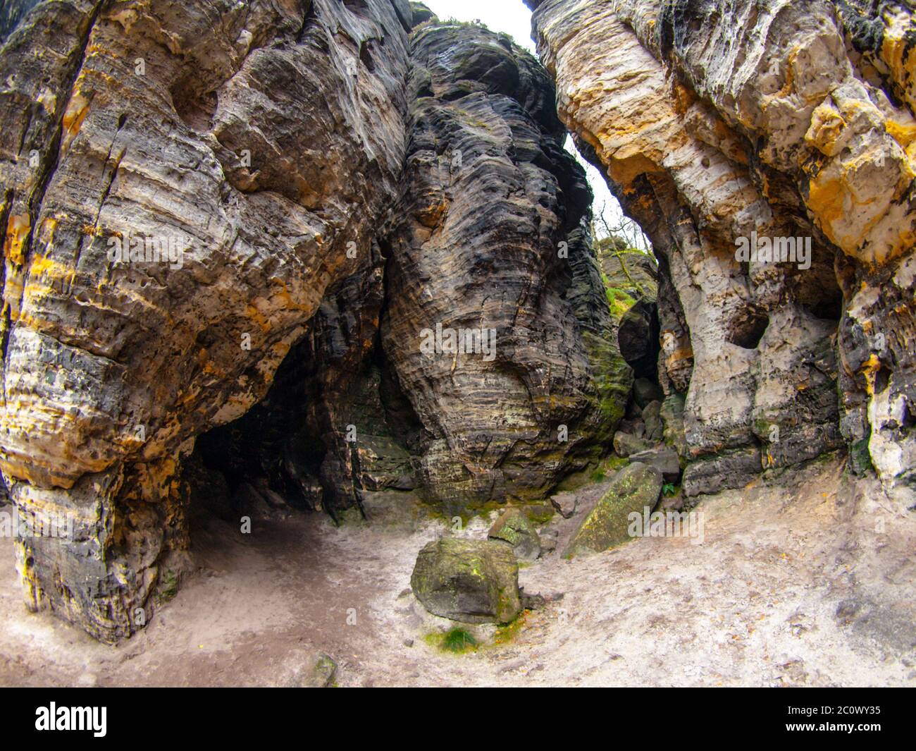 Narrow passage through sandstone rock formation. Tisa Rocks, aka Tiske ...