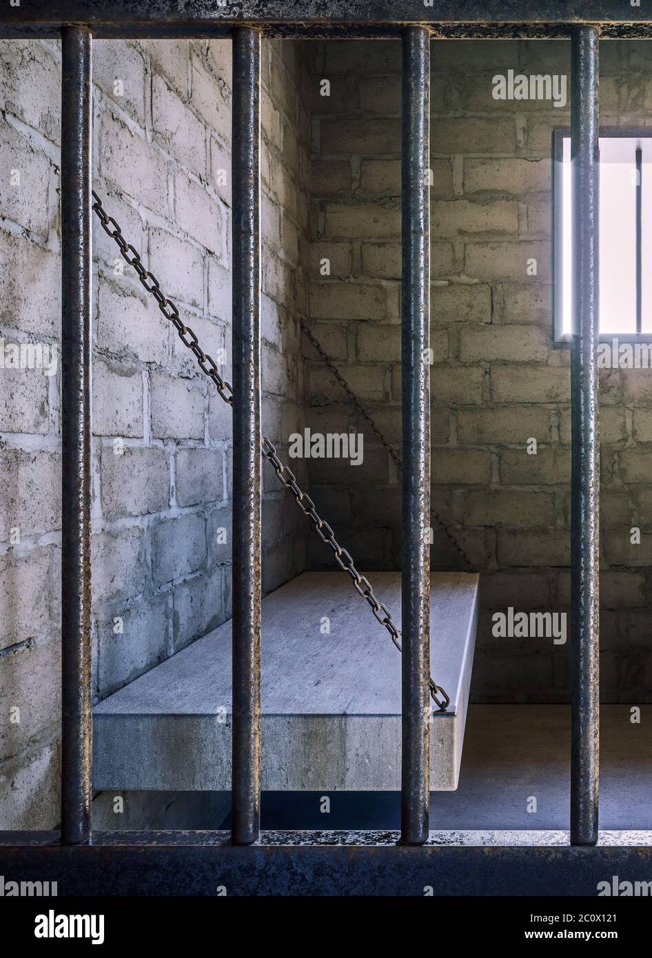 View of the prison cell through bars with sun shining through the window, 3d Render, 3d ...
