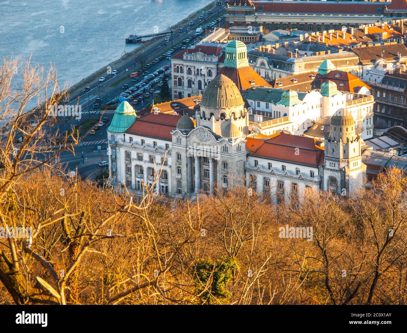 Aerial view of Gellert thermal spa historical building from Gellert ...