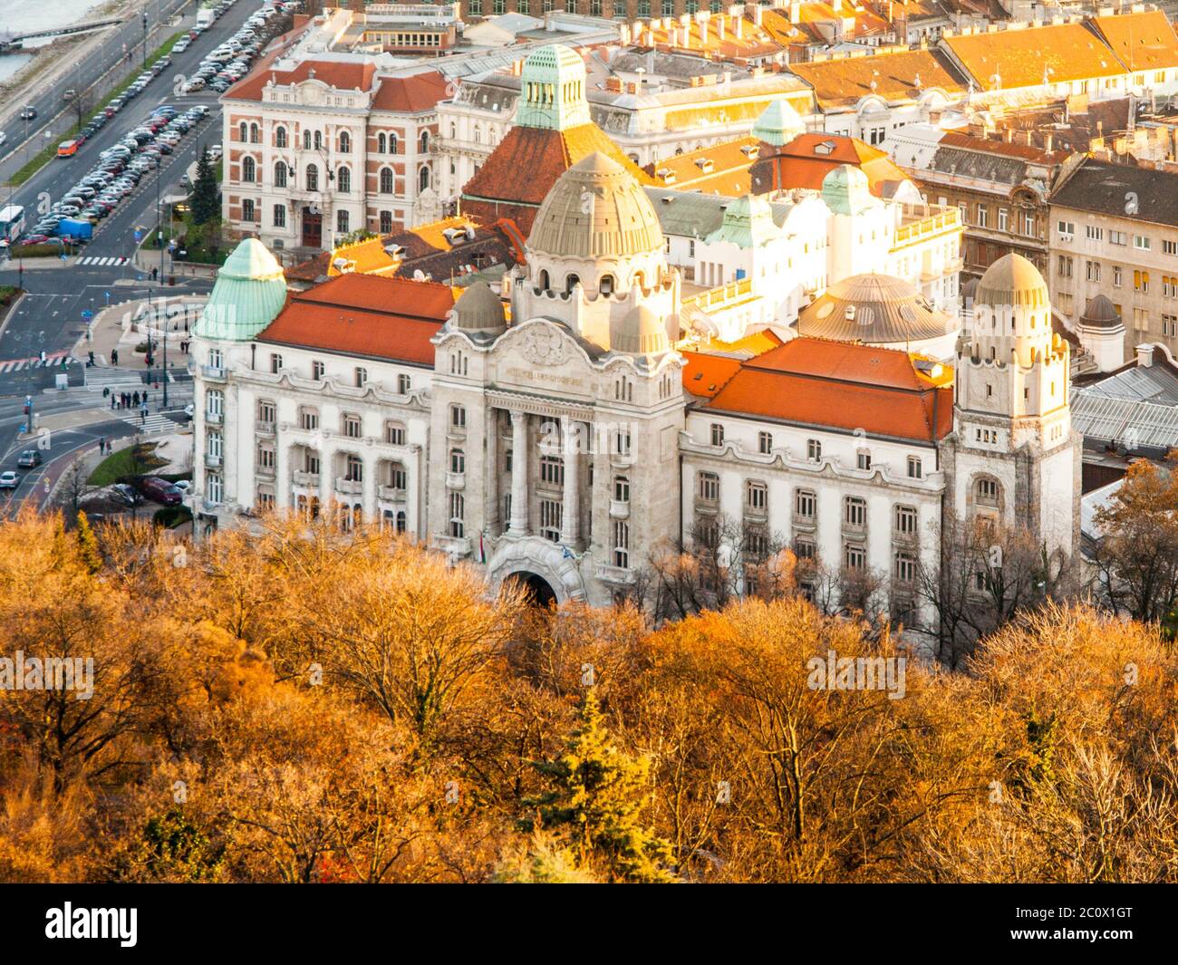 Aerial view of Gellert thermal spa historical building from Gellert ...