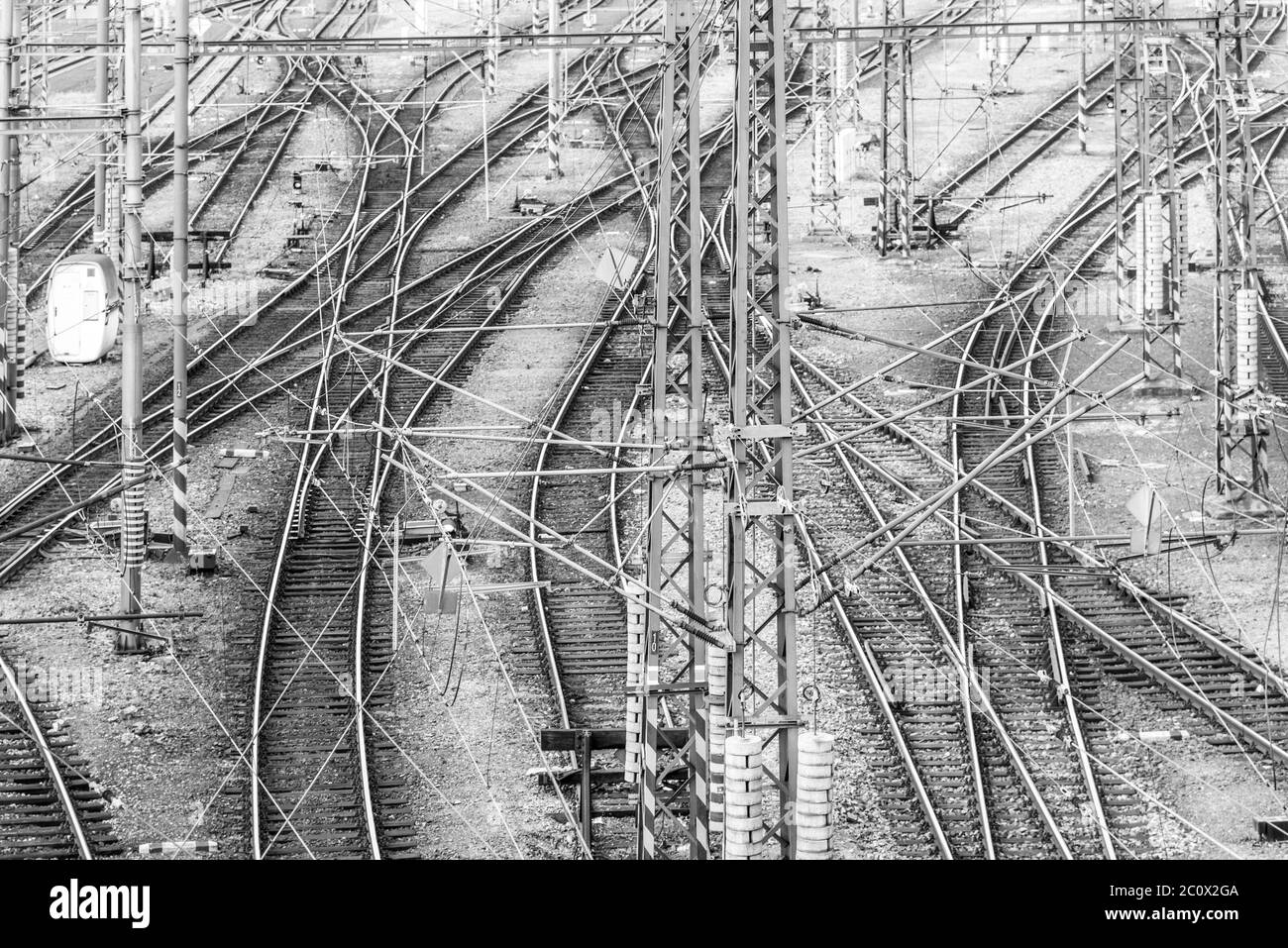 Railroad tangle at large train station. Railway transportation theme ...