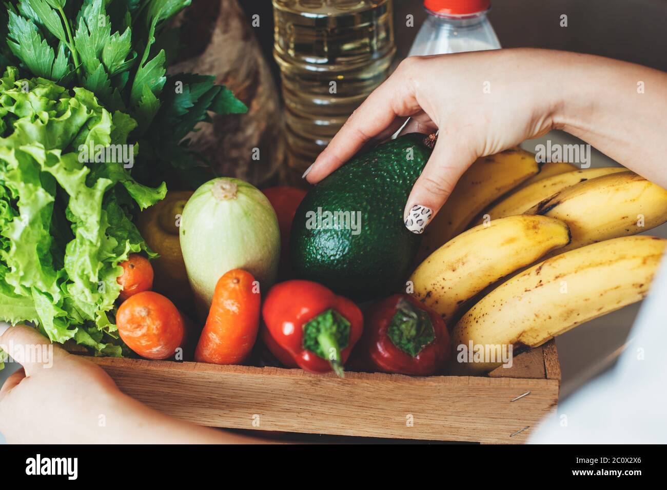 upper view photo of a box full and vegetables fruits bought for ...