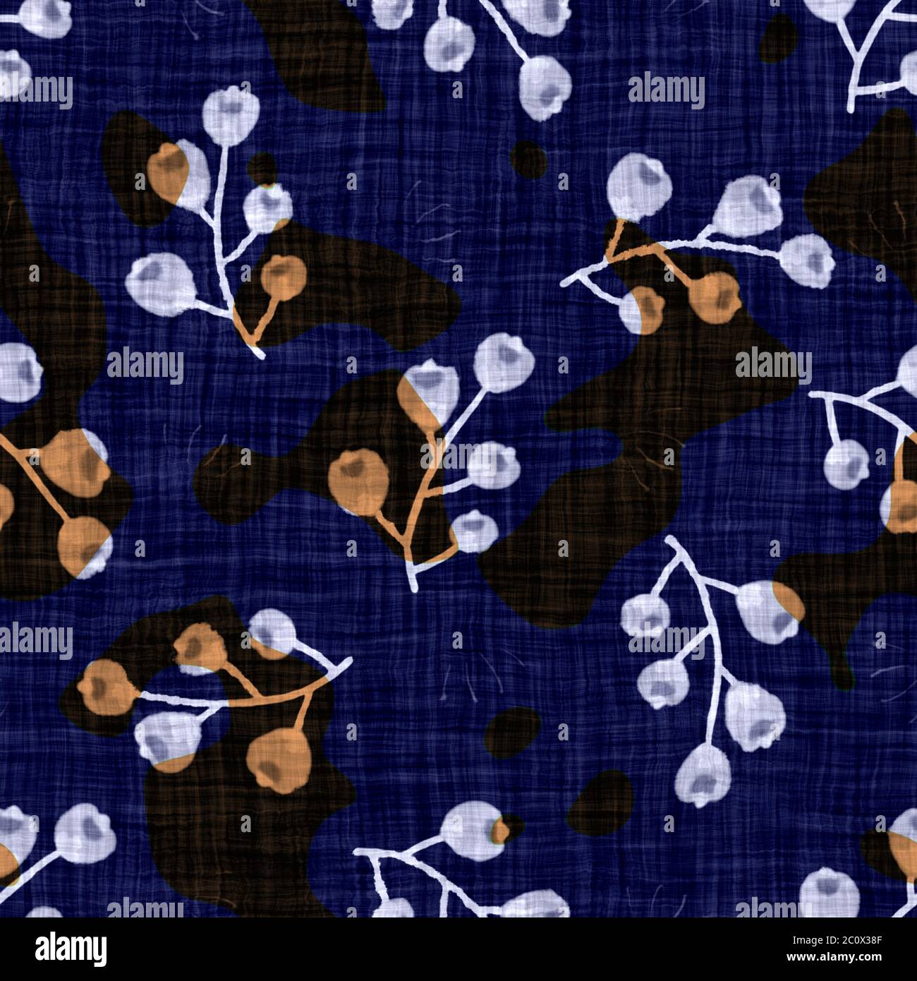 Seamless indigo dyed bandana texture. Blue orange stain woven cotton ...