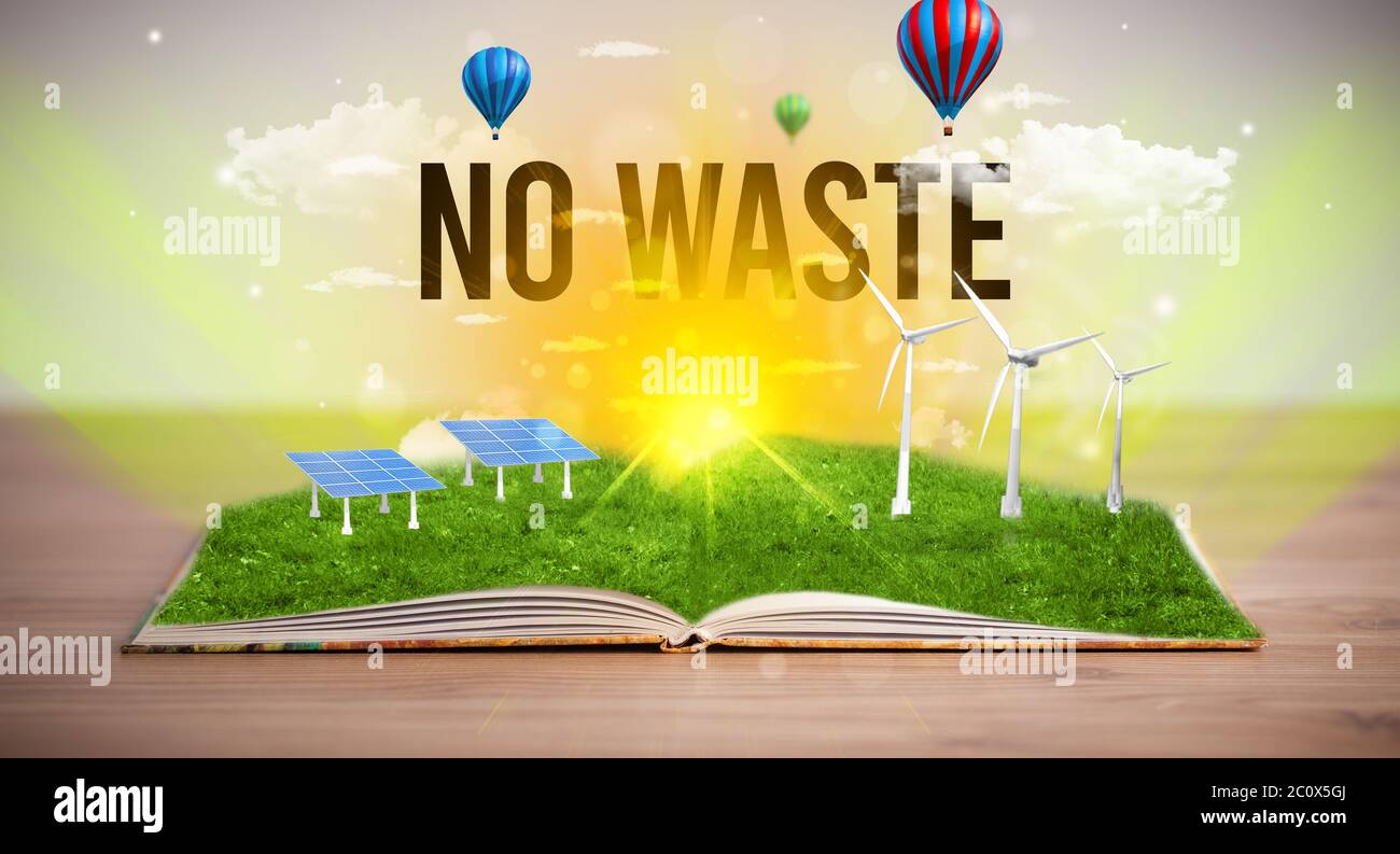 Open book with NO WASTE inscription, renewable energy concept Stock ...