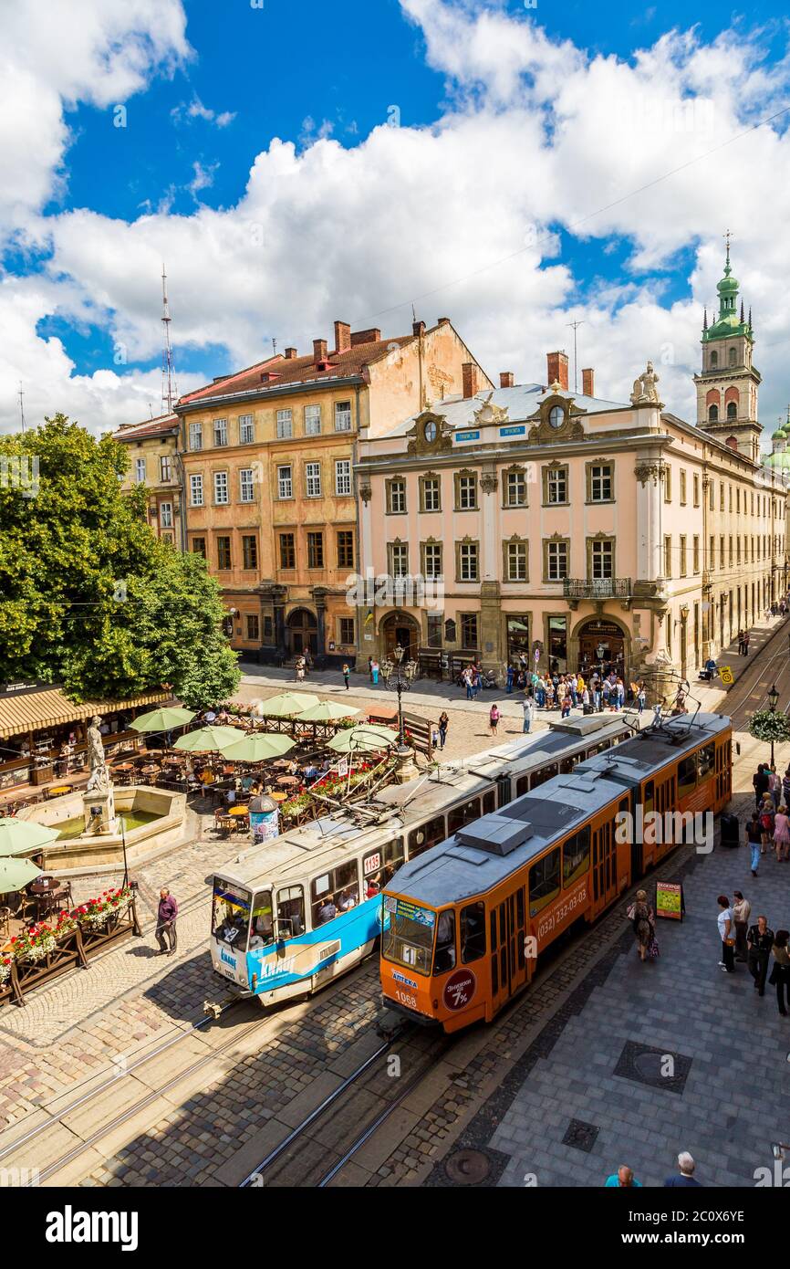 Old tram is in the historic center of Lviv Stock Photo - Alamy