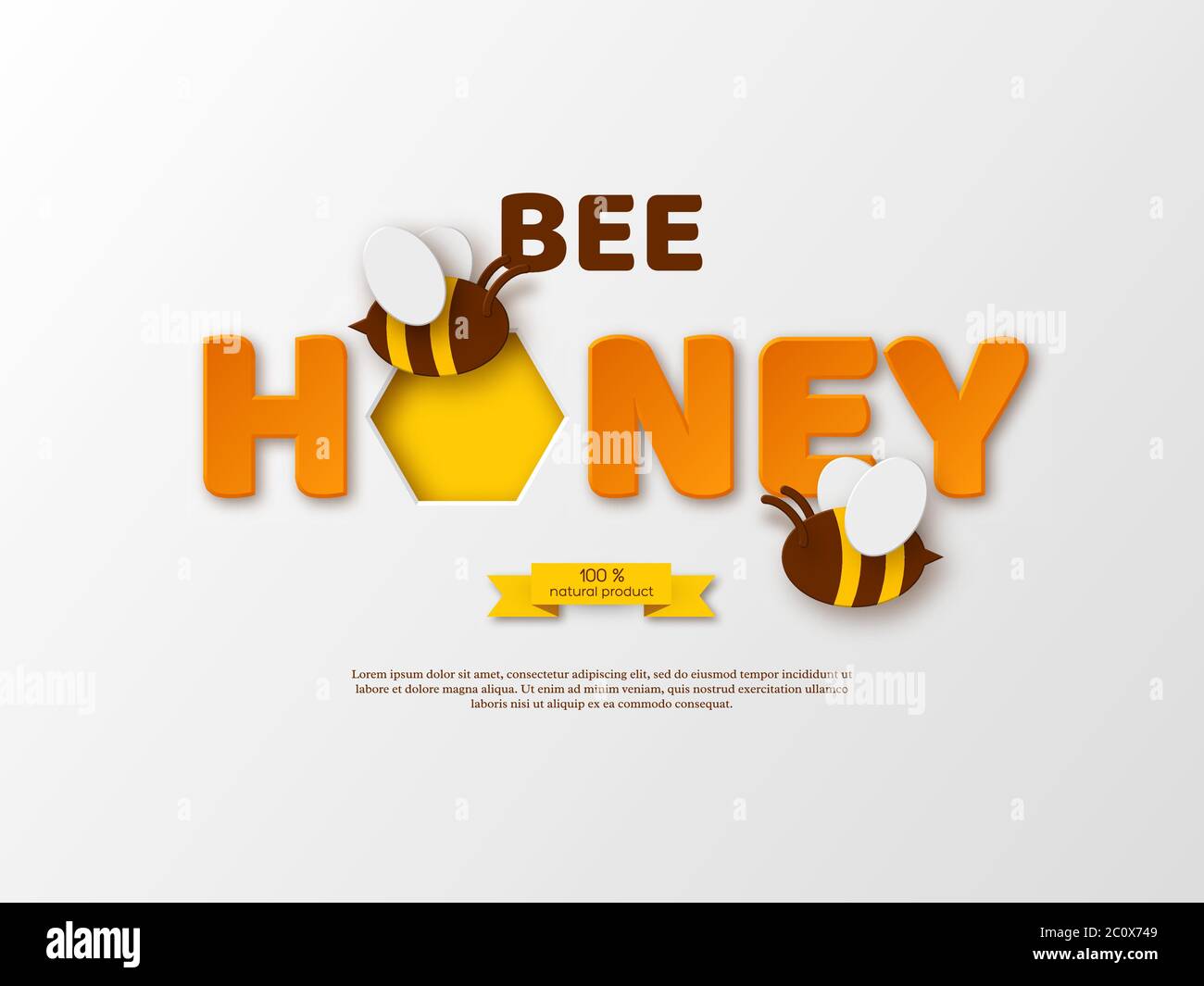 Bee honey typographic design. Paper cut style letters, comb and bee ...