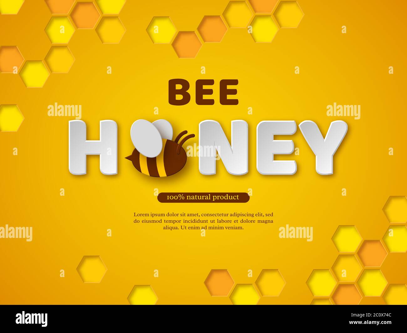 Bee honey typographic design. Paper cut style letters, comb and bee ...