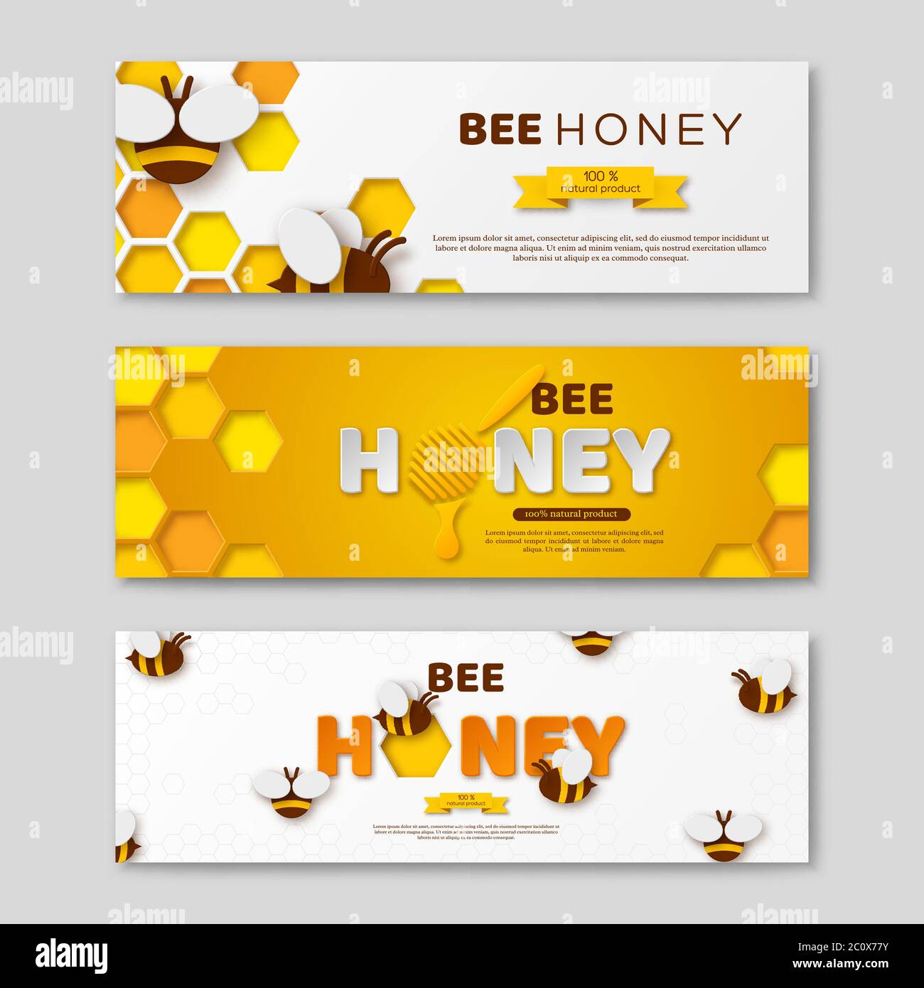 Bee honey horizontal banners with paper cut style letters, comb and ...