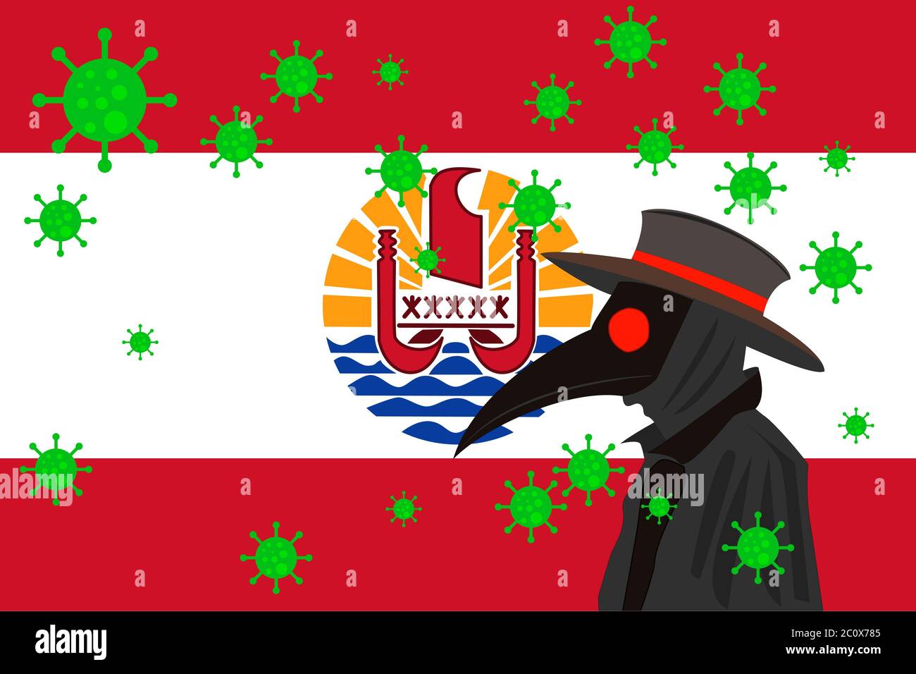 Black plague doctor surrounded by viruses with copy space with FRENCH ...