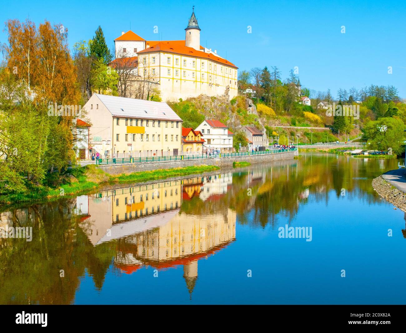 Medieval Castle Ledec nad Sazavou. Reflection in Sazava River, Czech ...