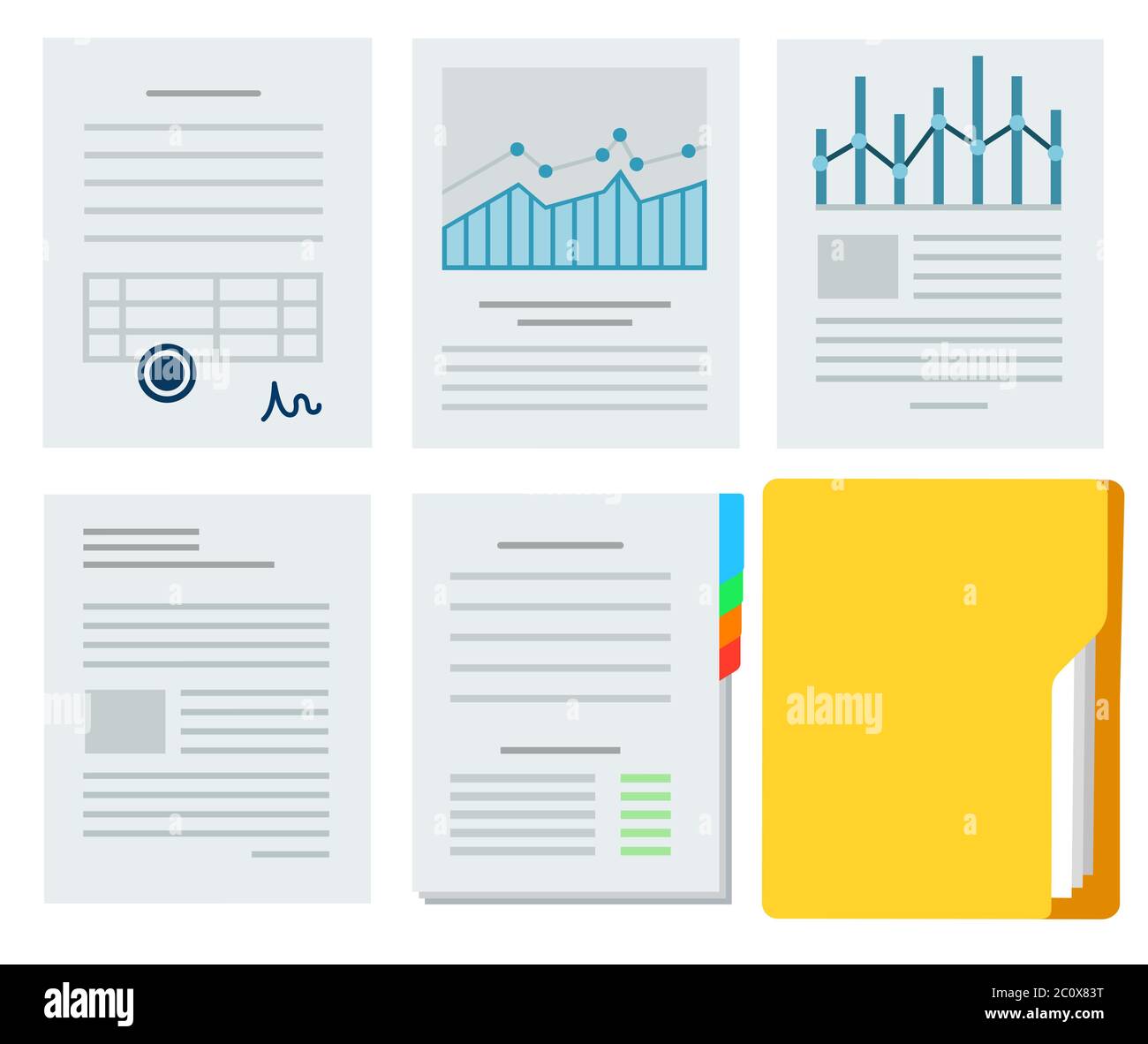 Collection vector illustration business documents with charts, graphs ...