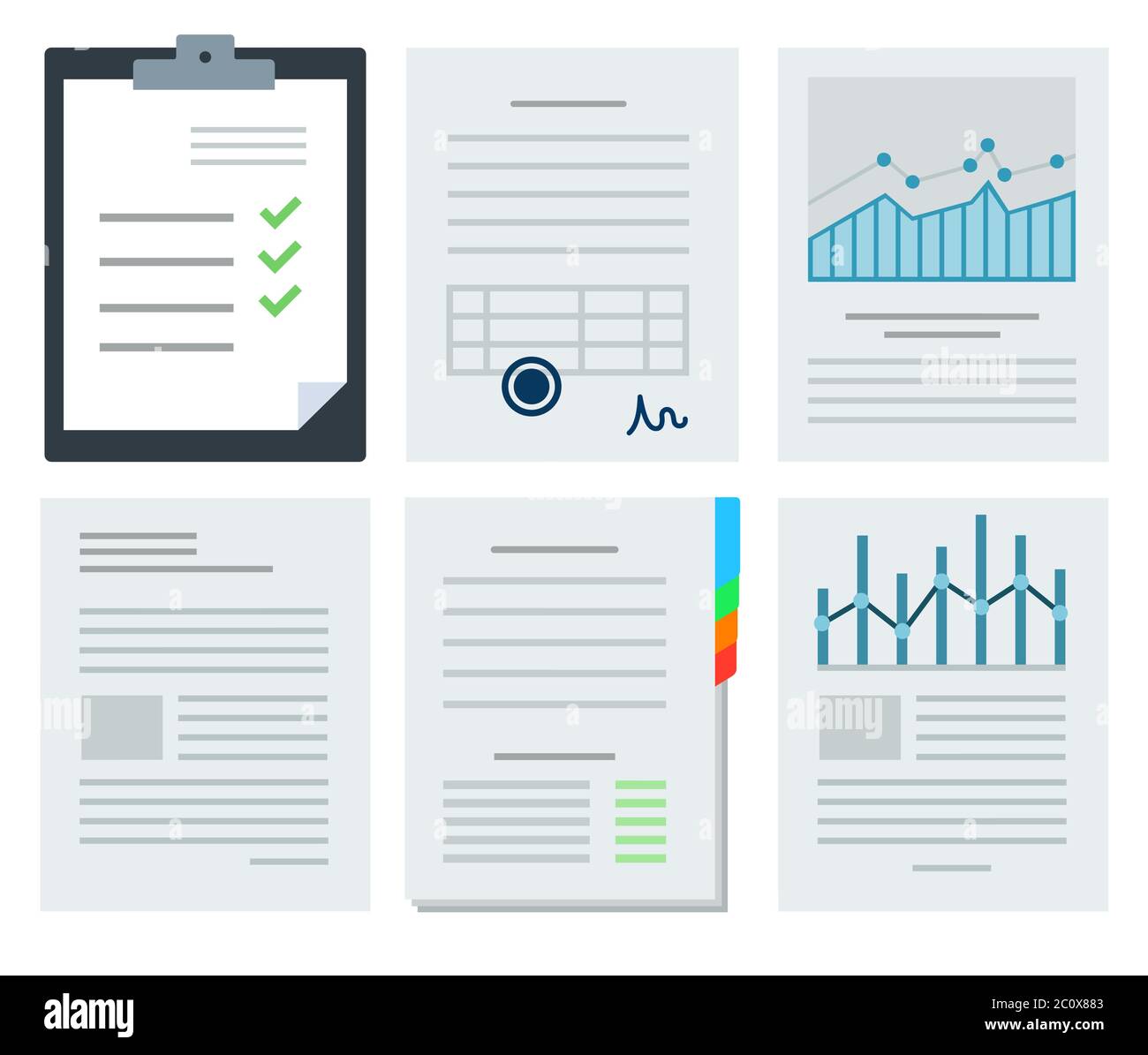 Set vector icons business documents with charts, graphs and stamp in flat design Stock Vector ...