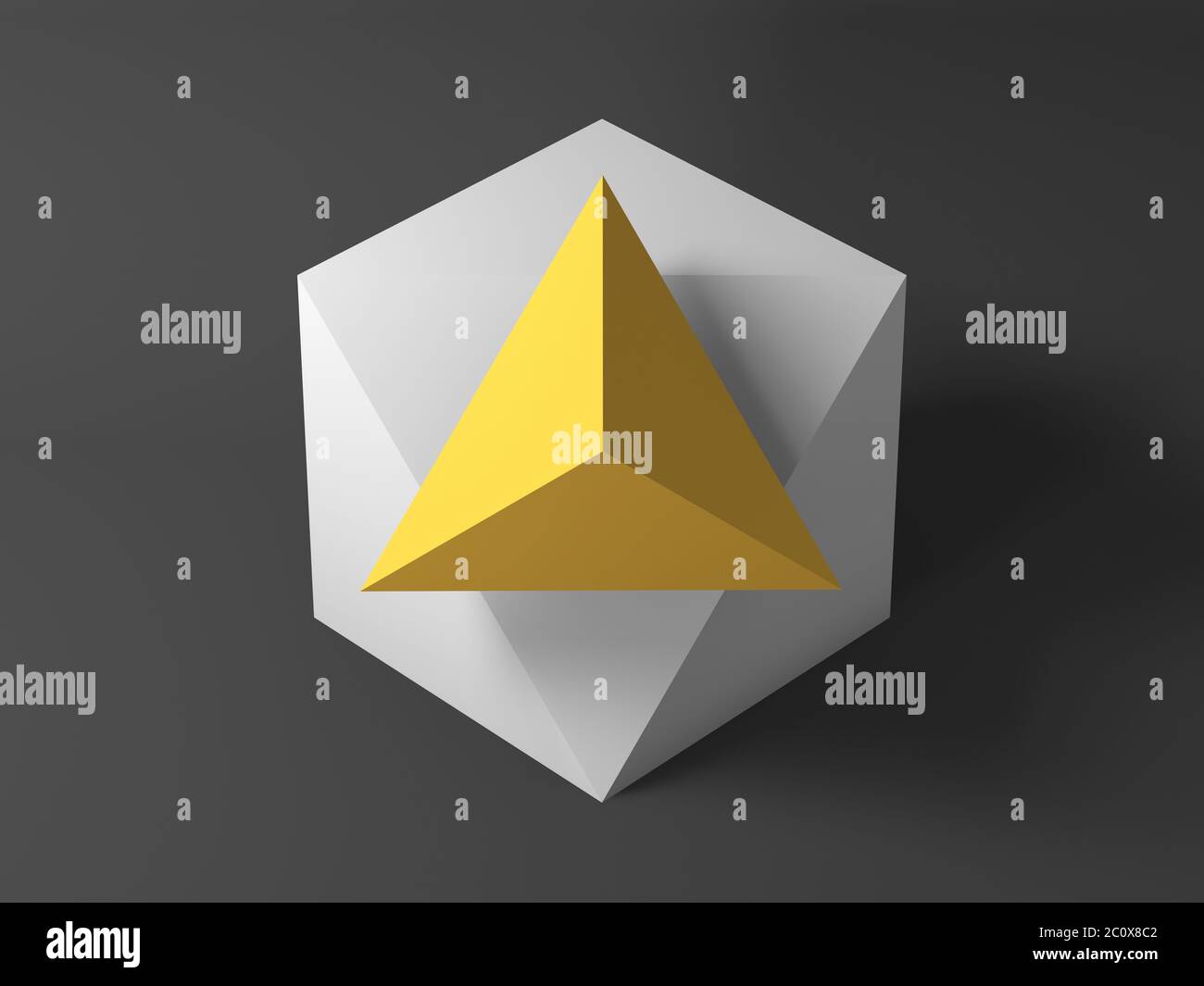 Abstract minimal installation, white cube with separated yellow pyramid ...