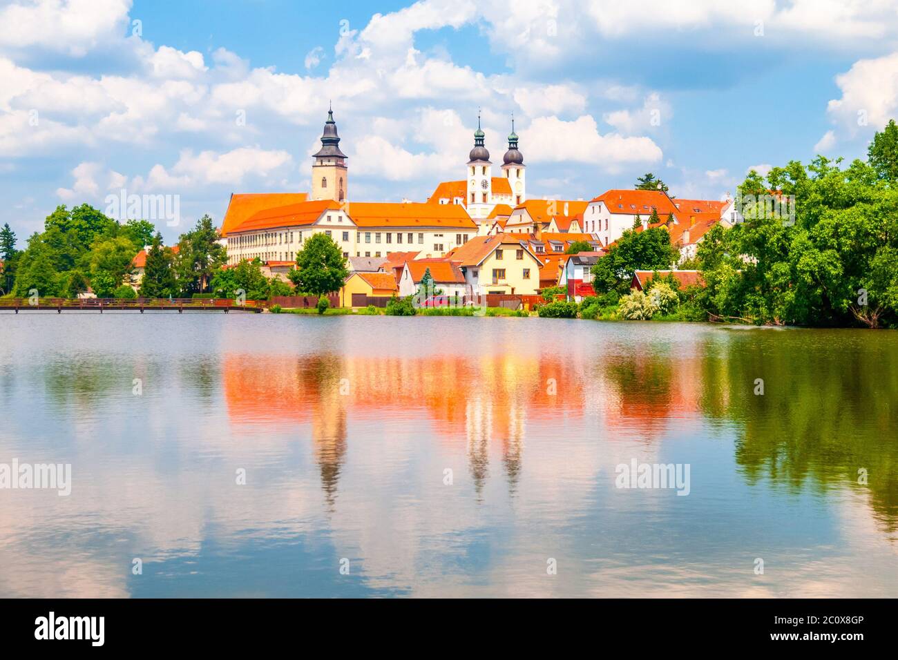 Panoramic view of Telc Castle. Water reflection, Czech Republic. UNESCO ...