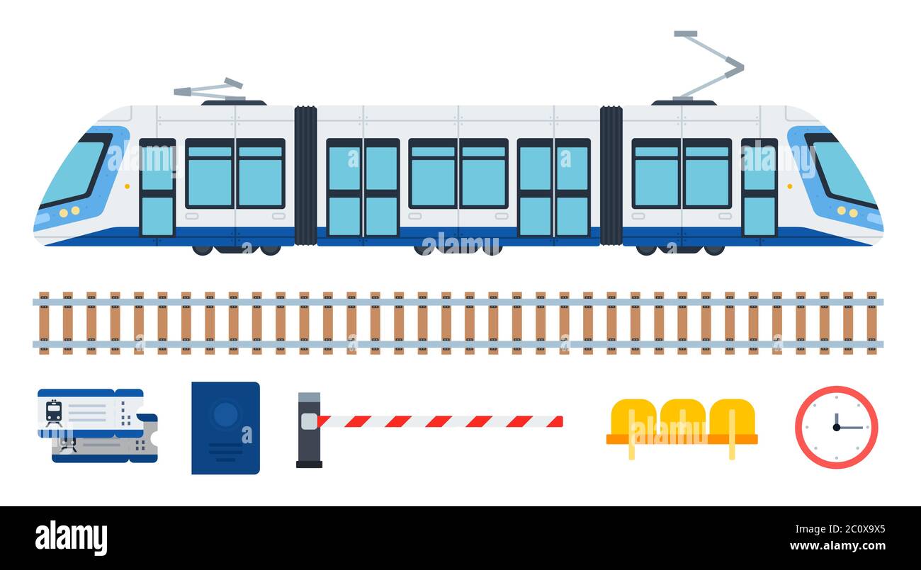 Modern city passenger tram and its elements vector illustration in flat ...