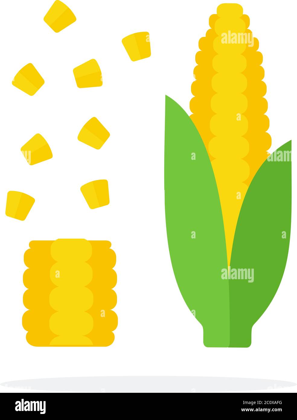 A whole cob of corn with leaves and a corn cob with separated seeds lat ...