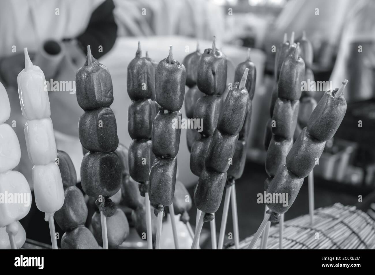 Delicious Green And White Japanese Mochi Balls On A Stick In The Streets In Hiroshima Japan