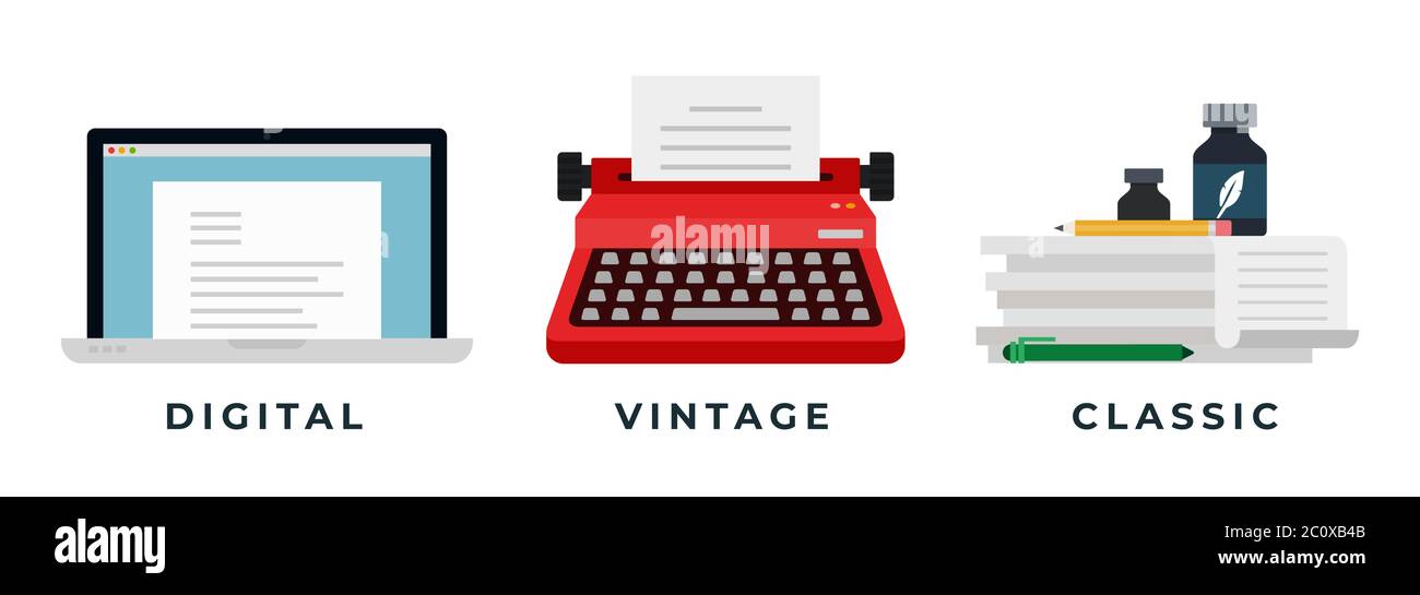 Flat vector illustration of evolution of devices, types of writing ...