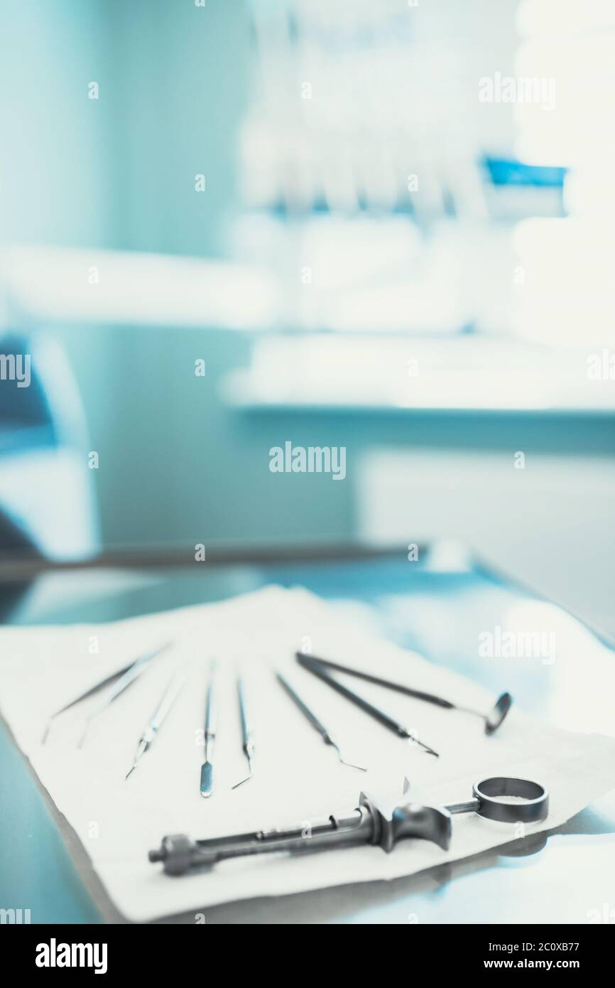 Dentist tools on the table in the office - treatment and prosthetics ...