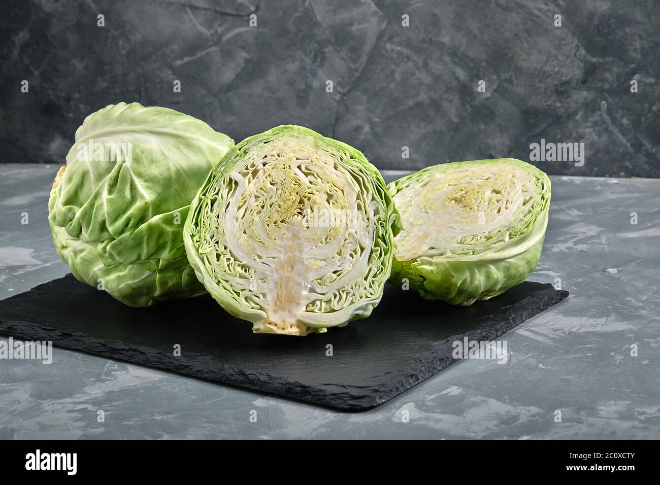Head of cabbage, gray background, delivery, Organic products, layout ...