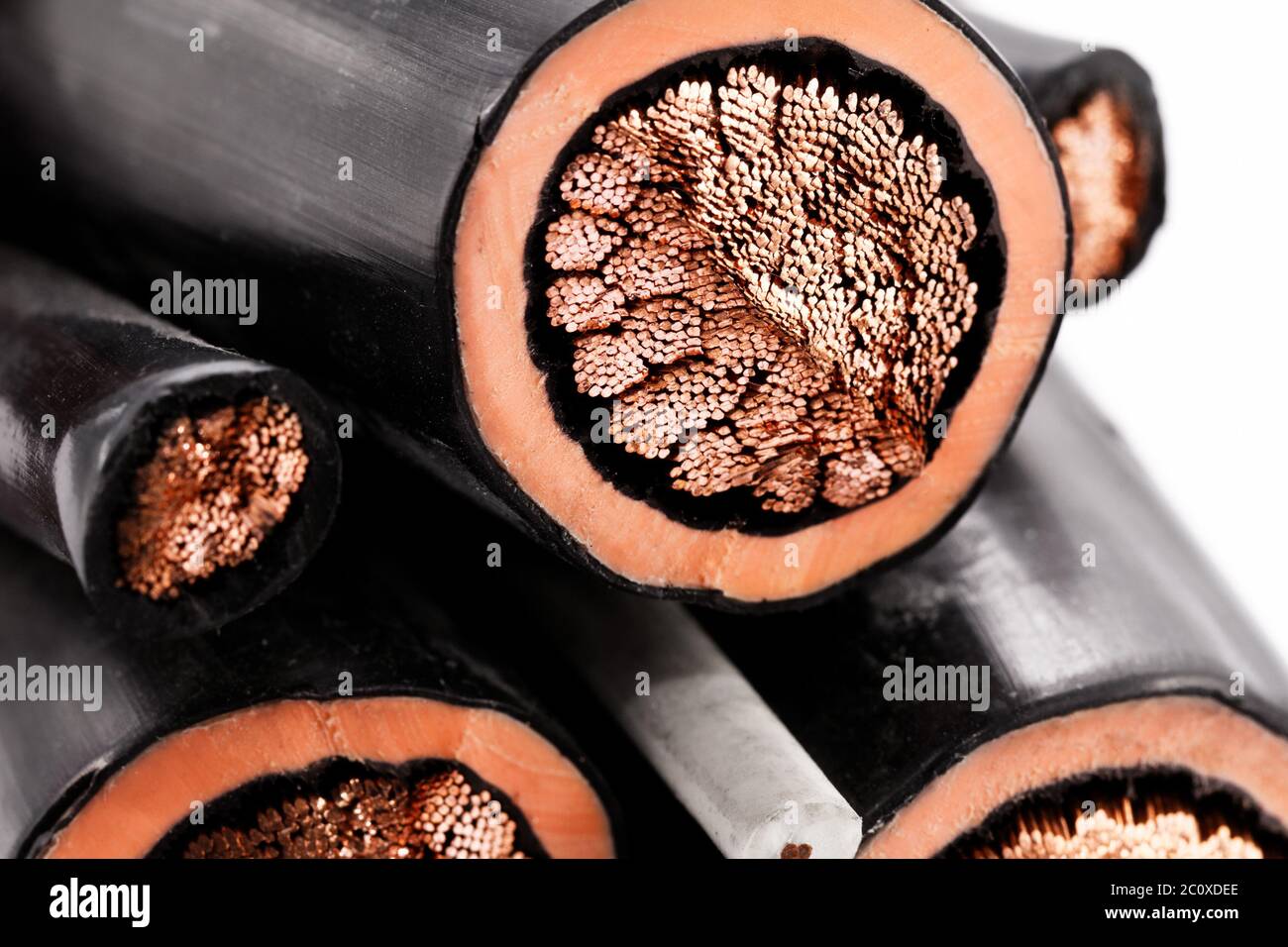 Close up photo of a high voltage cable isolated on white background ...
