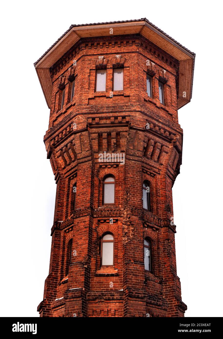 High brick tower isolated on white background Stock Photo - Alamy