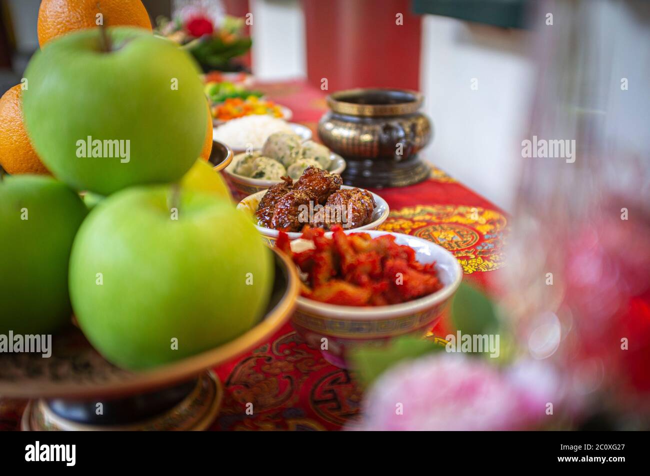 Food offerings at Buddha Tooth Relic Temple. Chinatown. Singapore Stock ...
