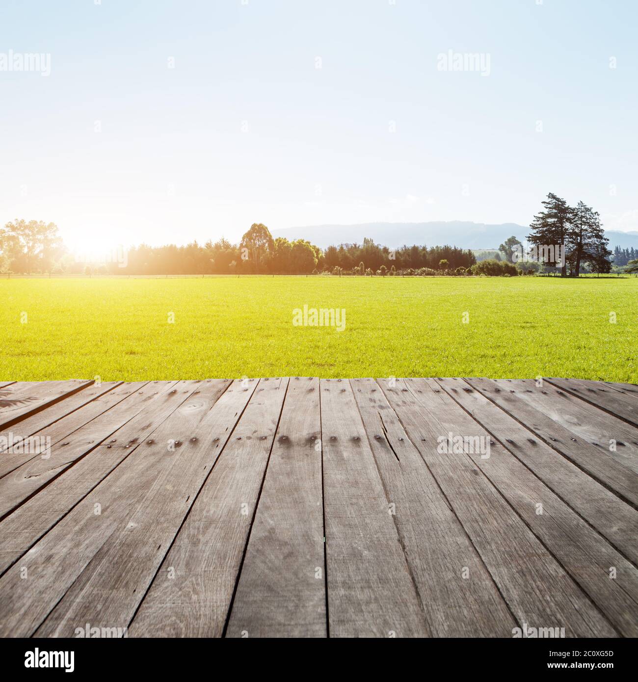 wood floor with countryside background Stock Photo - Alamy
