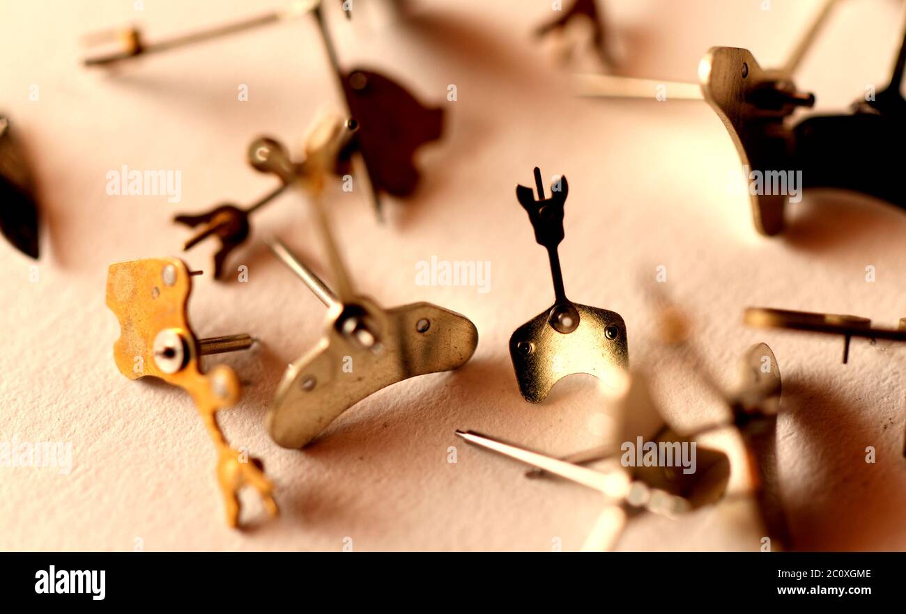 Detail of clock parts for restoration - close-up photo Stock Photo - Alamy