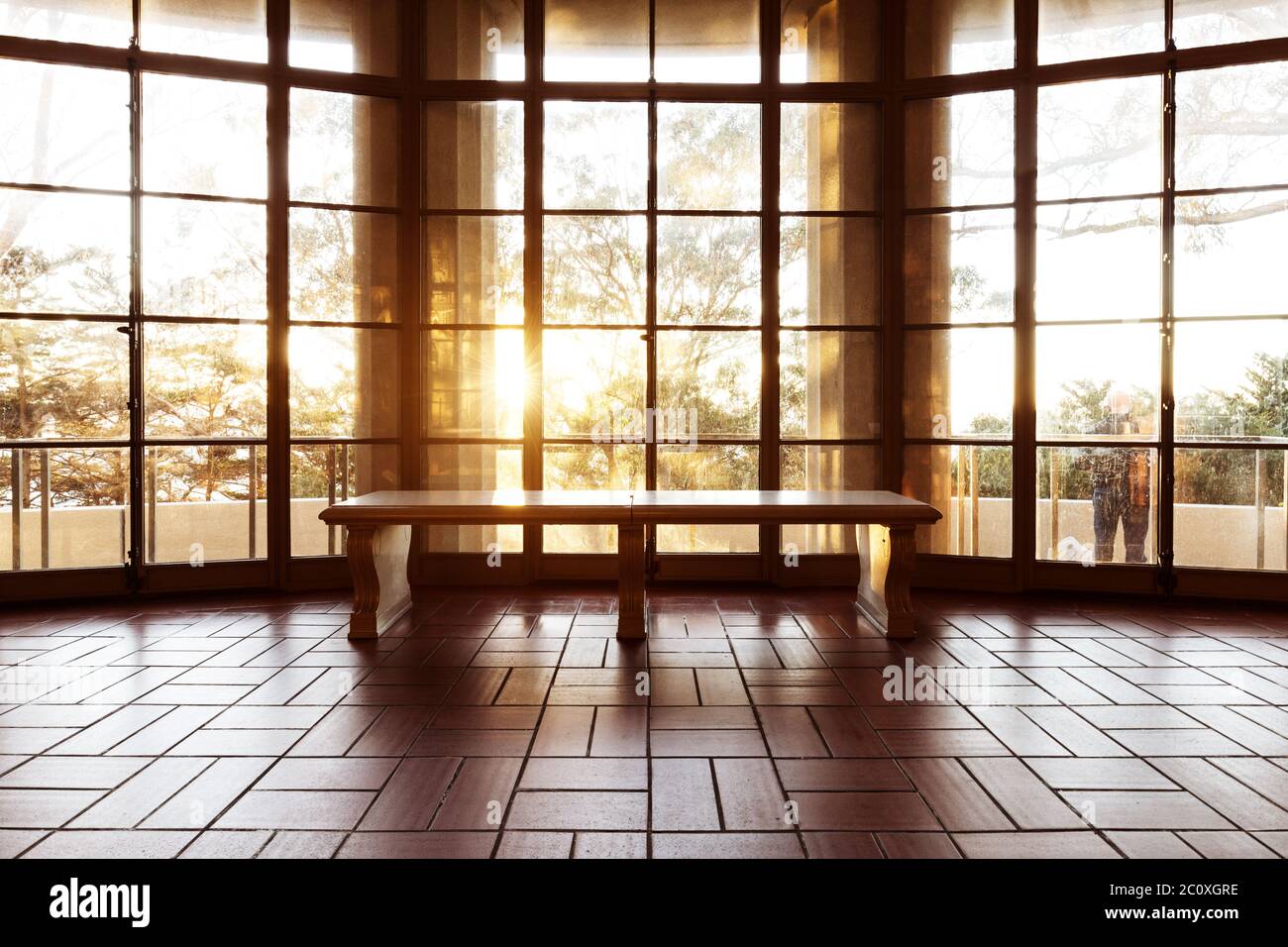 interior of lobby hall with wood bench Stock Photo - Alamy