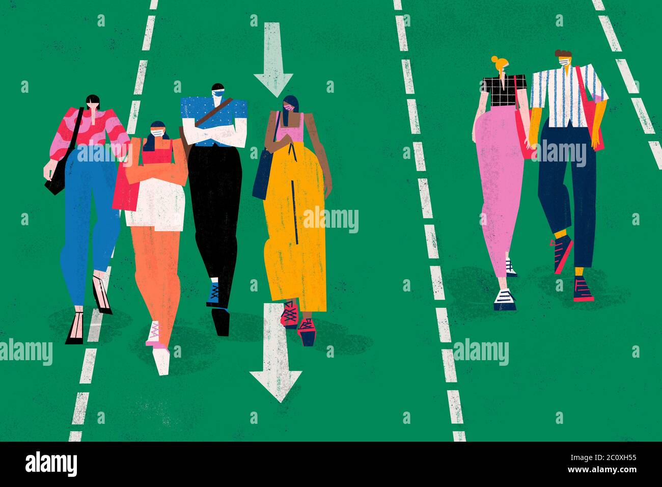 Social distance concept, adult citizens with masks walking in the ...