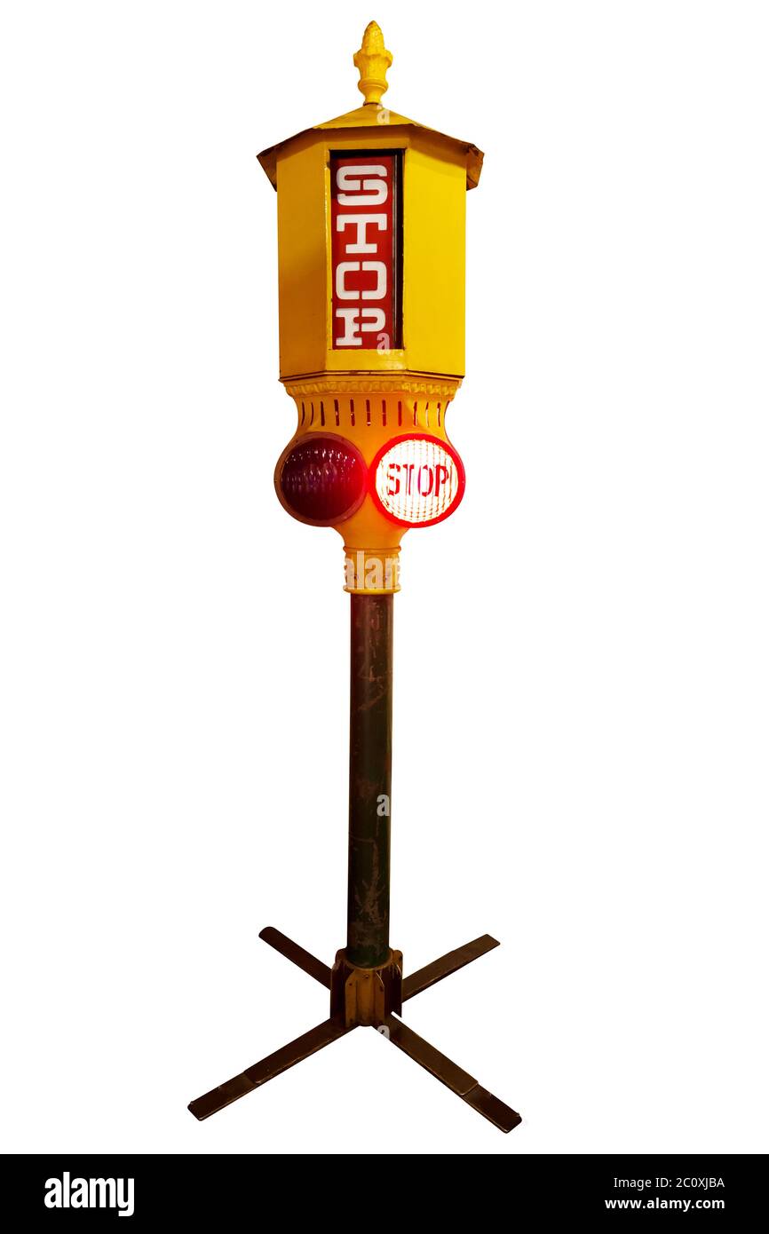 yellow traffic light with stop against white Stock Photo - Alamy