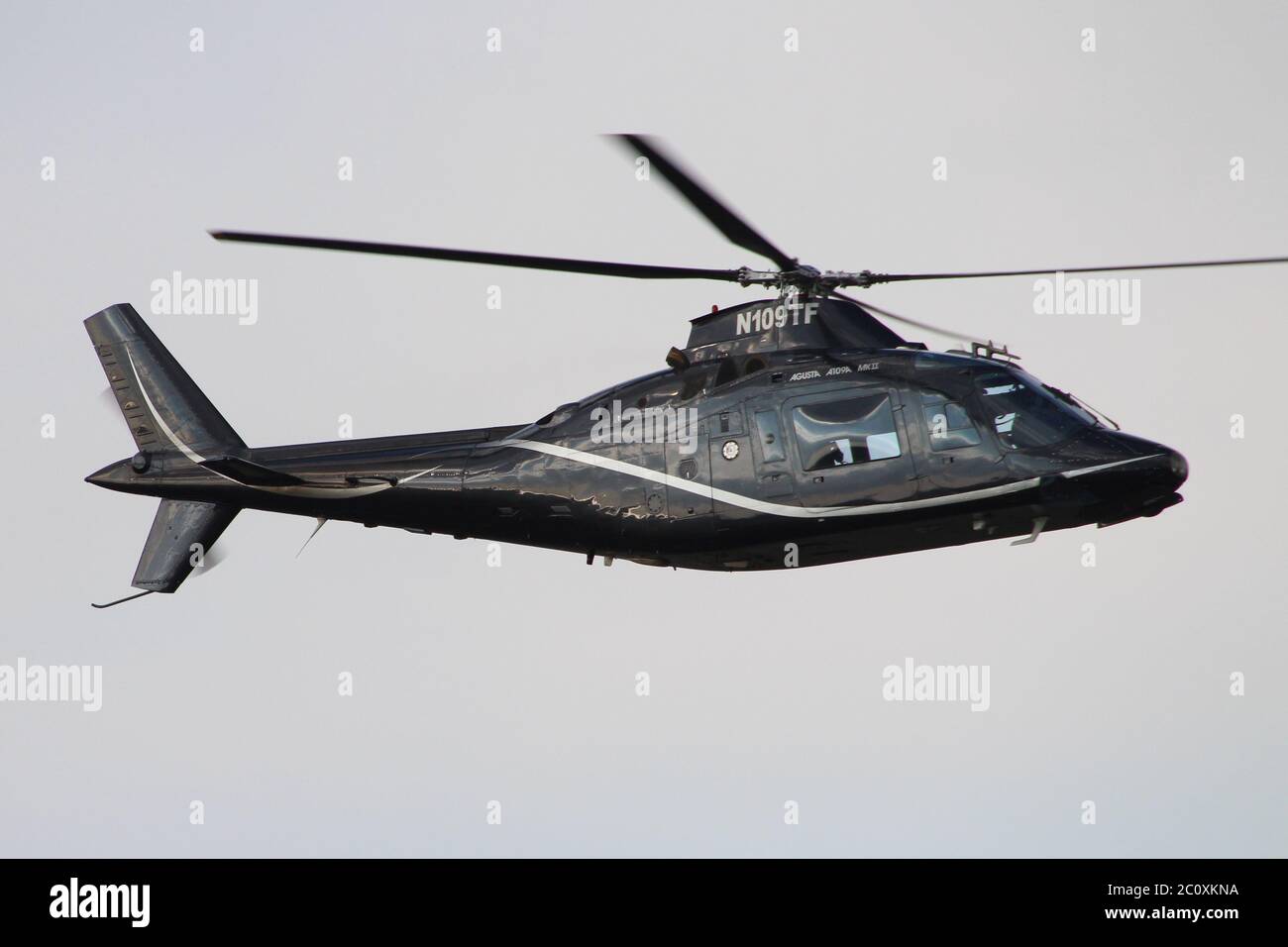 N109TF, an Agusta A109 Mk.II operated by Castle Air Helicopters, departing from Prestwick ...