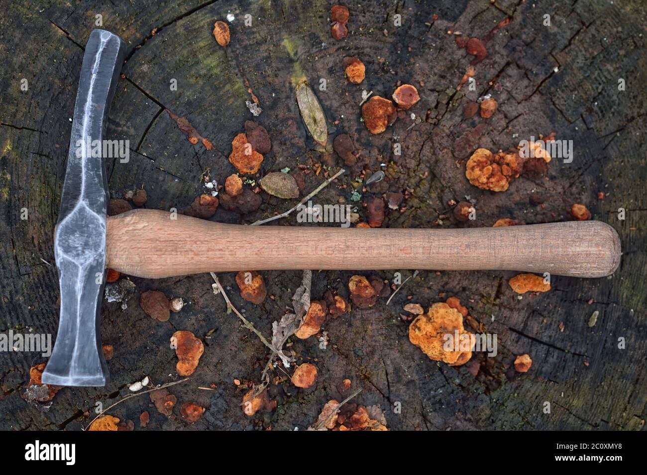 Hand made blacksmith hammer resting on an stump Stock Photo - Alamy