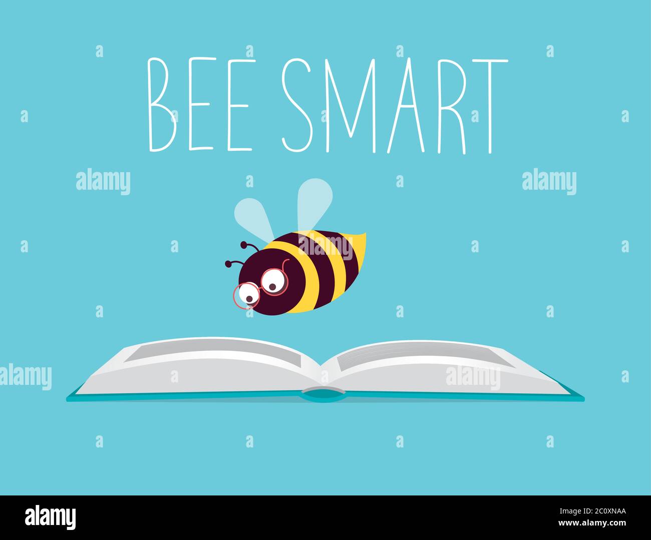 Vector illustration. Honeybee with eyeglasses flying over an open book ...