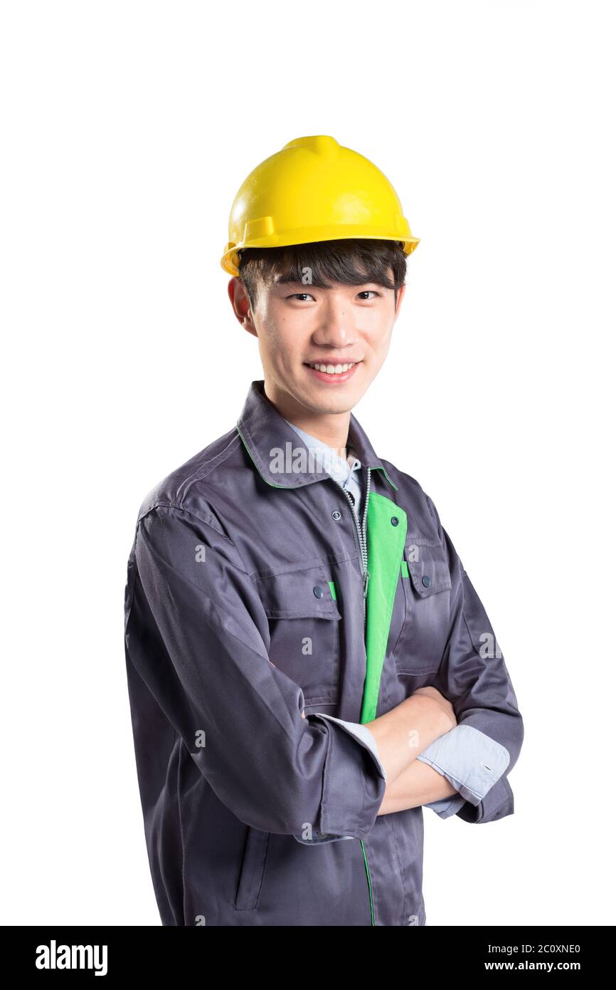 isolated young handsome asian technician on white background Stock ...