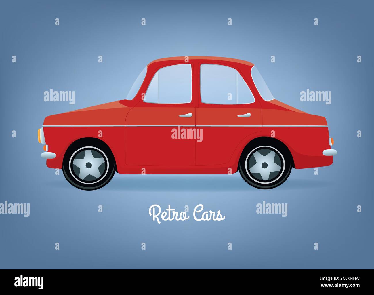 Vector Illustration Of A Red Cartoon Retro Car Side View Horizontal Format Gray Background