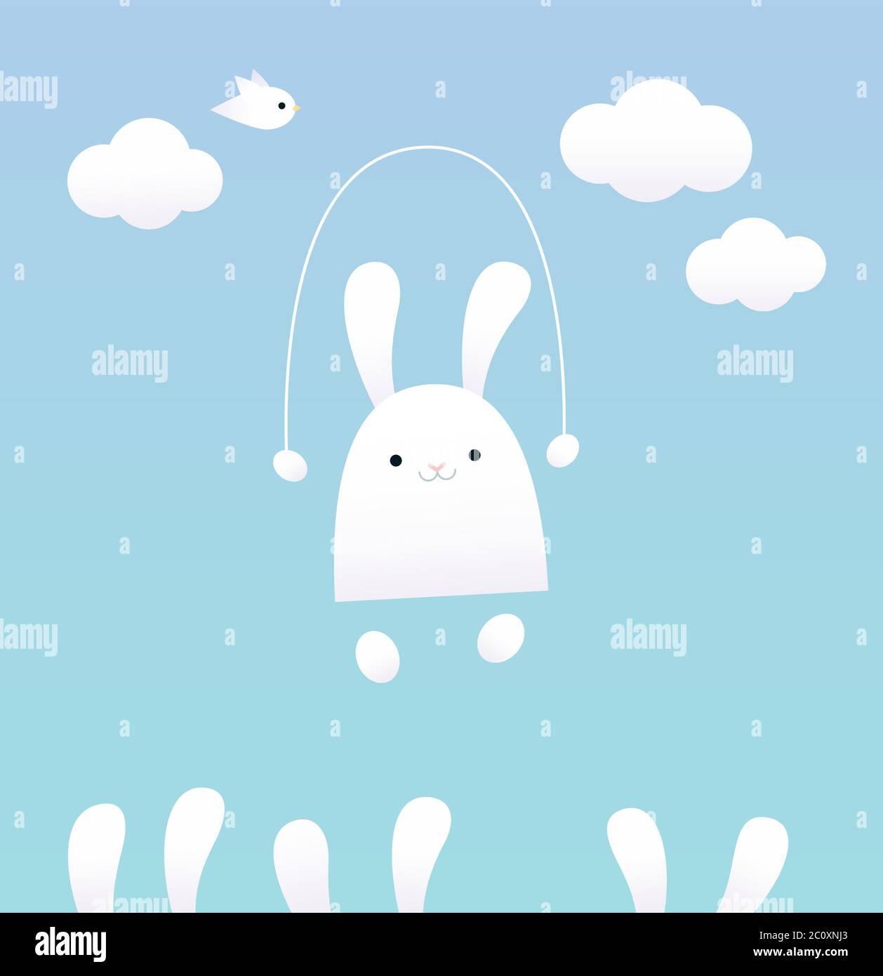 Vector illustration of a white baby bunny with skipping rope. Blue sky ...