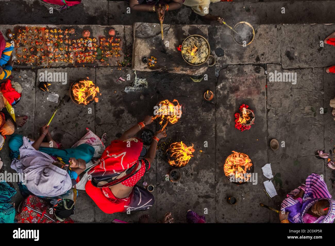 Varanasi, Uttar Pradesh / India - November, 2015 Ariel shot of women ...