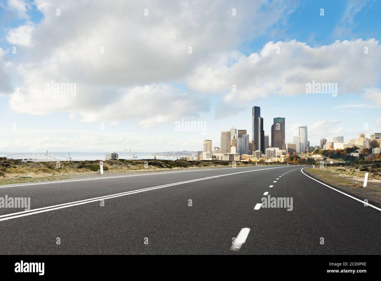road with cityscape and skyline of seattle Stock Photo - Alamy