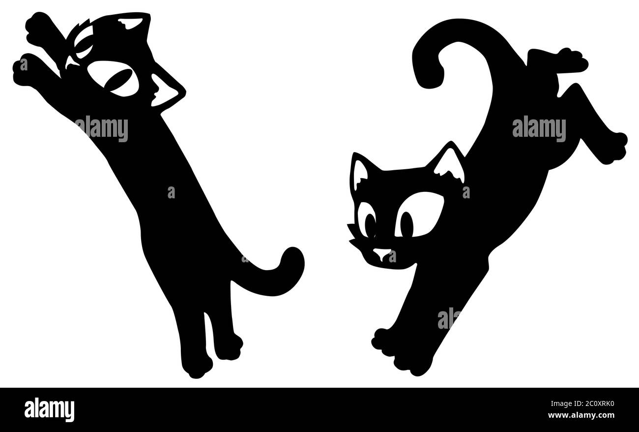 Cat cartoon character pounce jump and land poses stencil black, vector ...