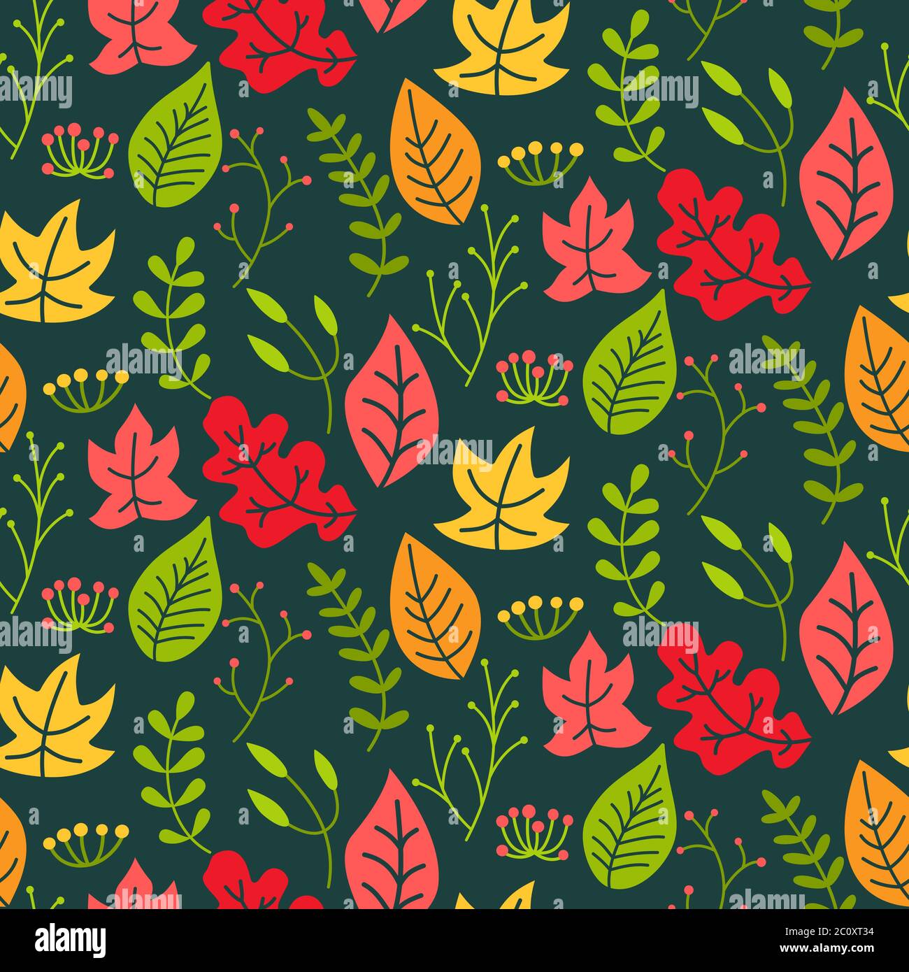 Branch and leaf, berries seamless pattern. Leaf floral background eco design. Abstract cartoon ...