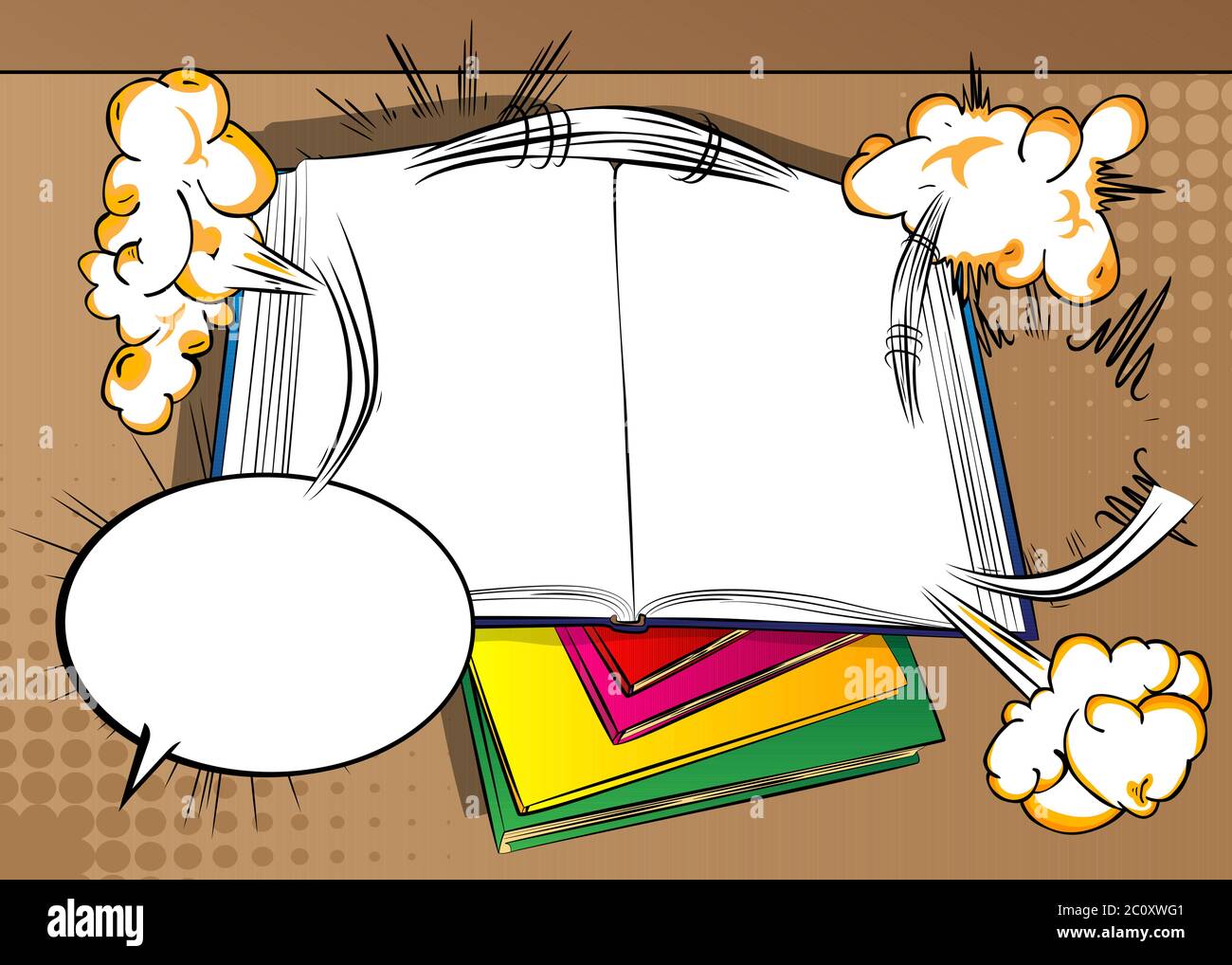 Close up illustration of opened textbook with blank pages, placed on ...