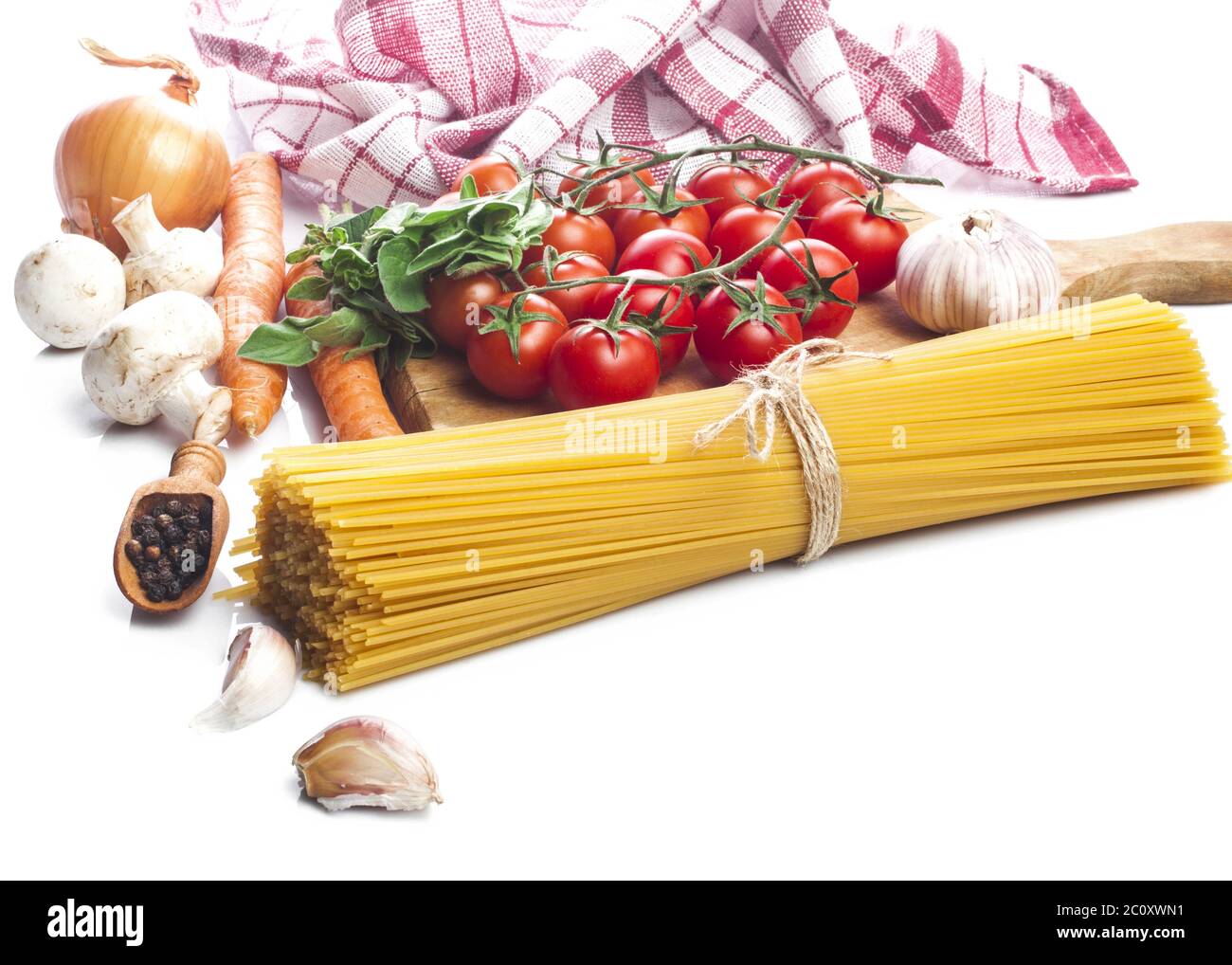 Pasta ingredients on white background Stock Photo - Alamy